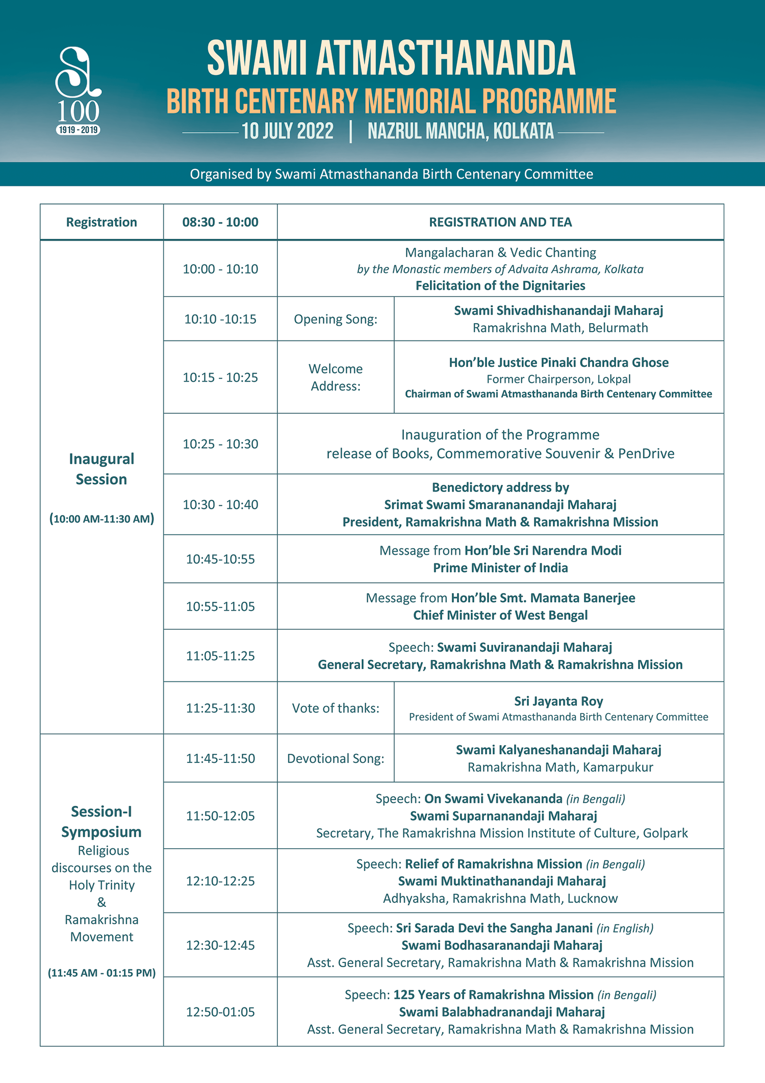 Swami Atmasthananda Birth Centenary Memorial Programme Schedule - Swami ...